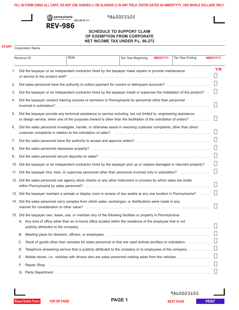 Form REV-986 - Fill Out, Sign Online and Download Fillable PDF ...