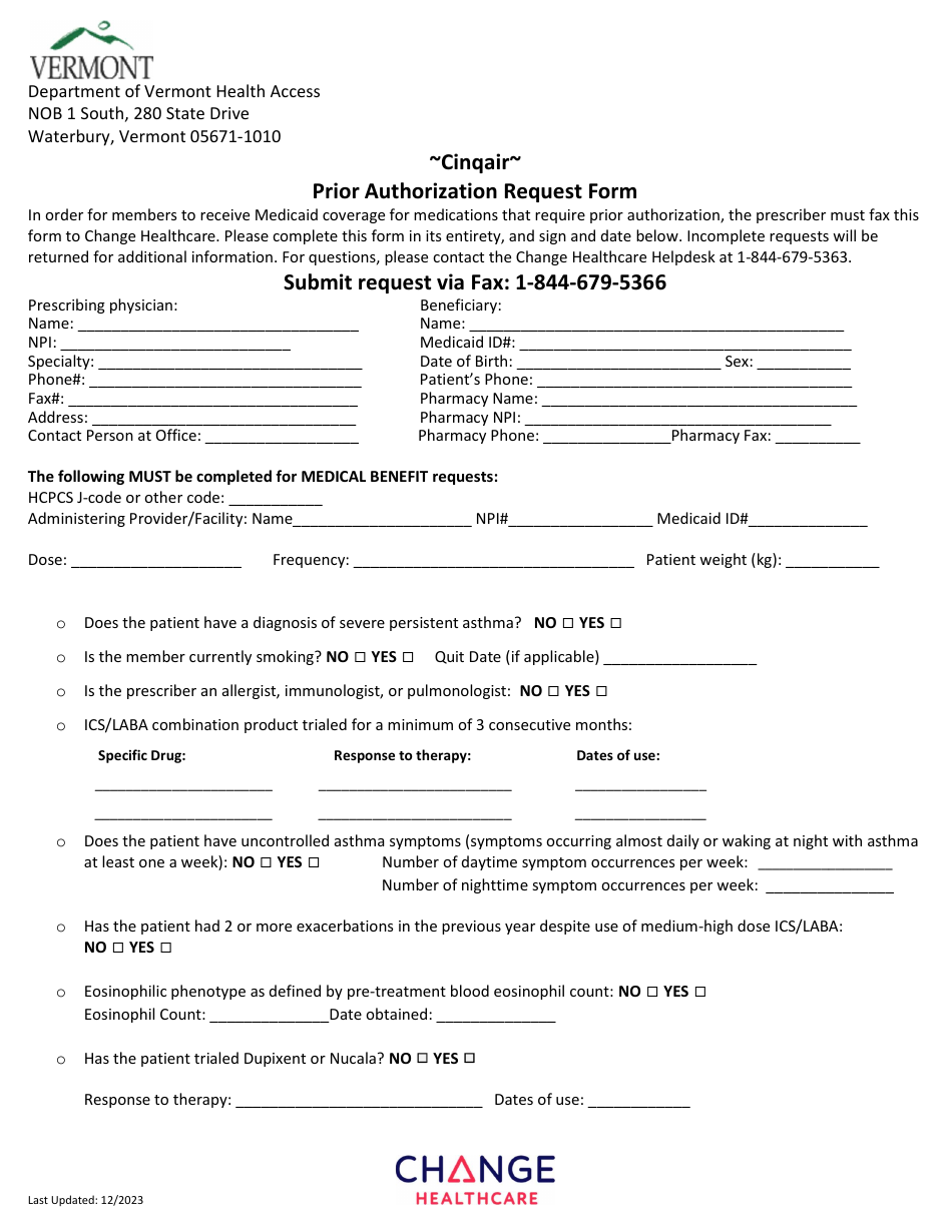 Vermont Cinqair Prior Authorization Request Form Download Printable PDF ...