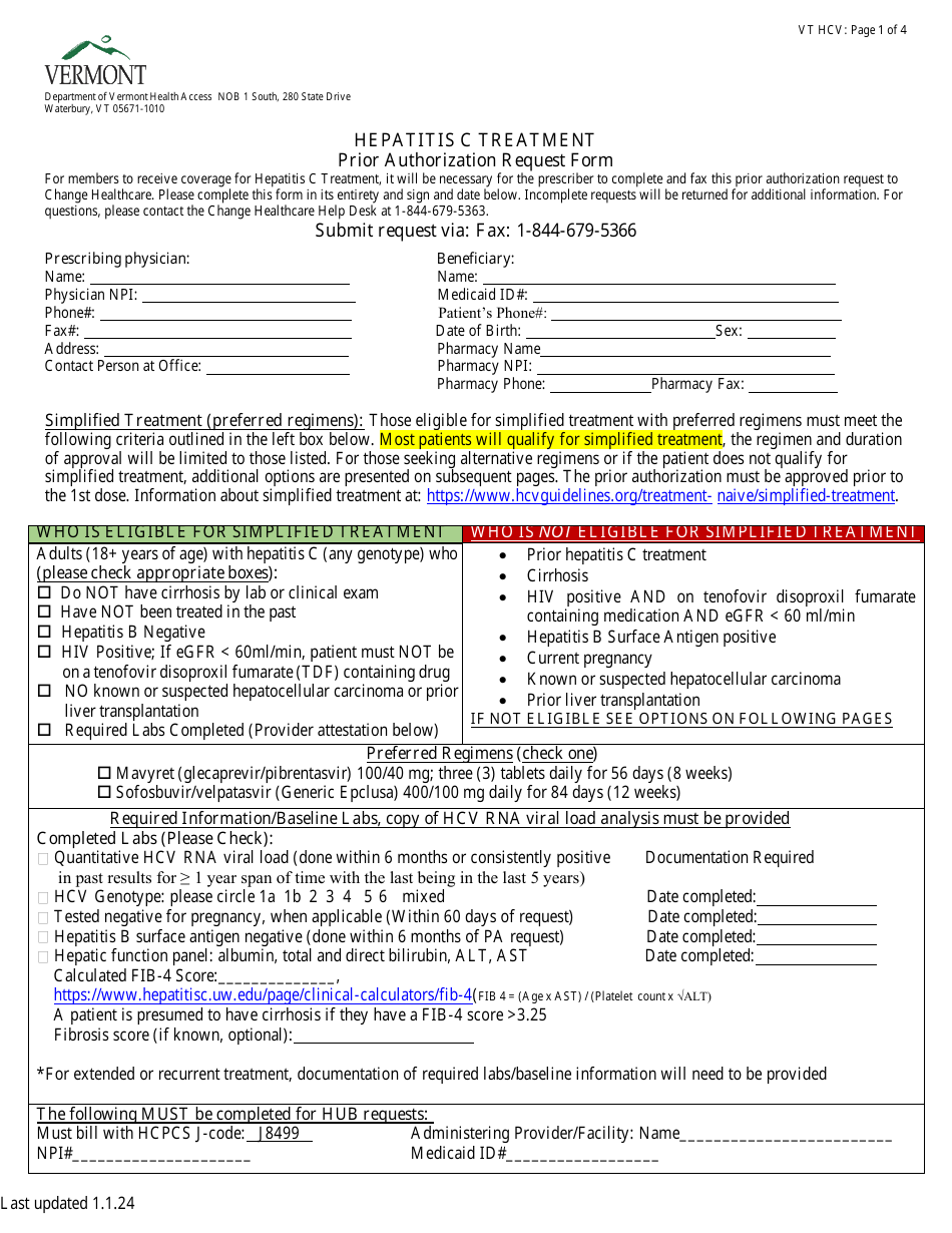 Vermont Hepatitis C Treatment Prior Authorization Request Form Download ...