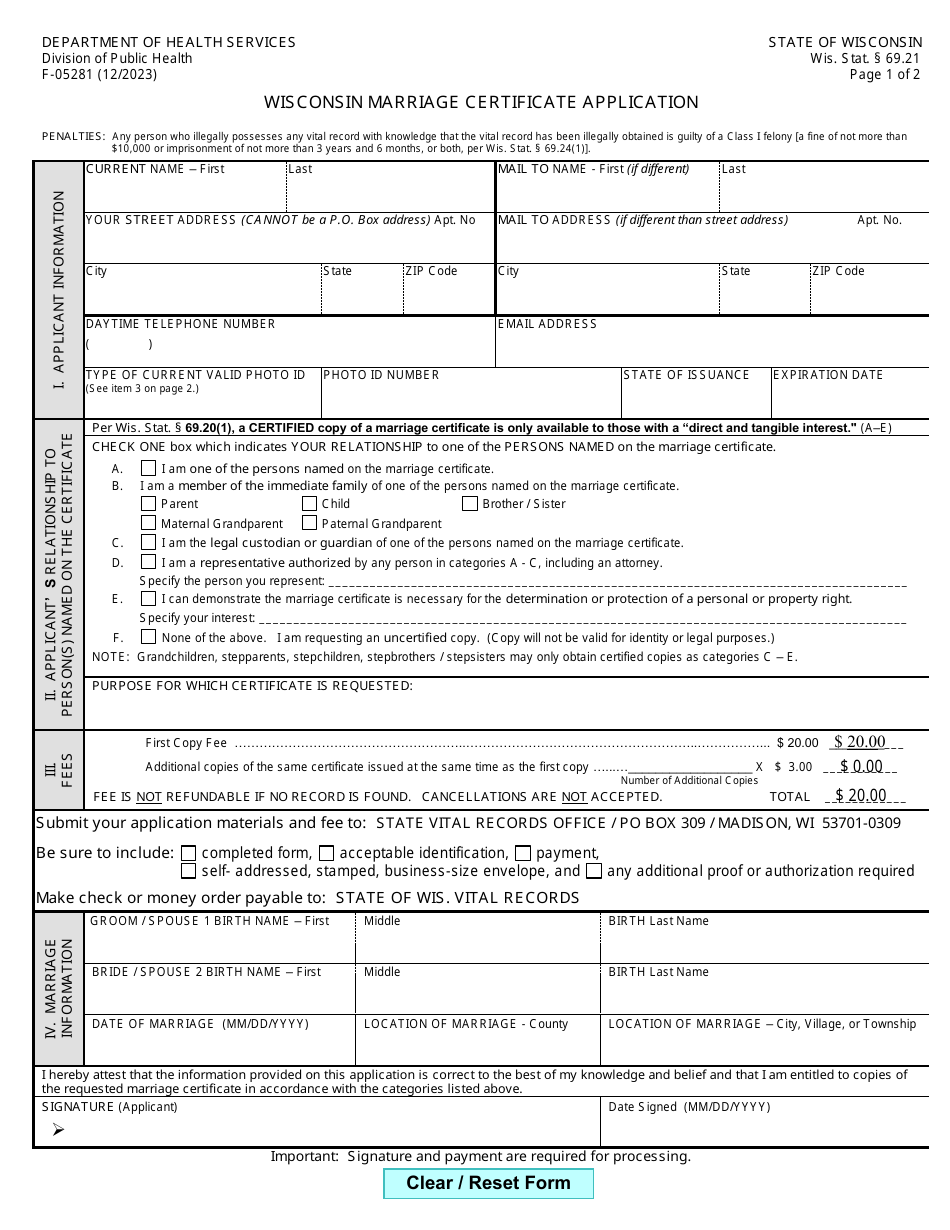 Form F-05281 Download Fillable PDF or Fill Online Wisconsin Marriage ...