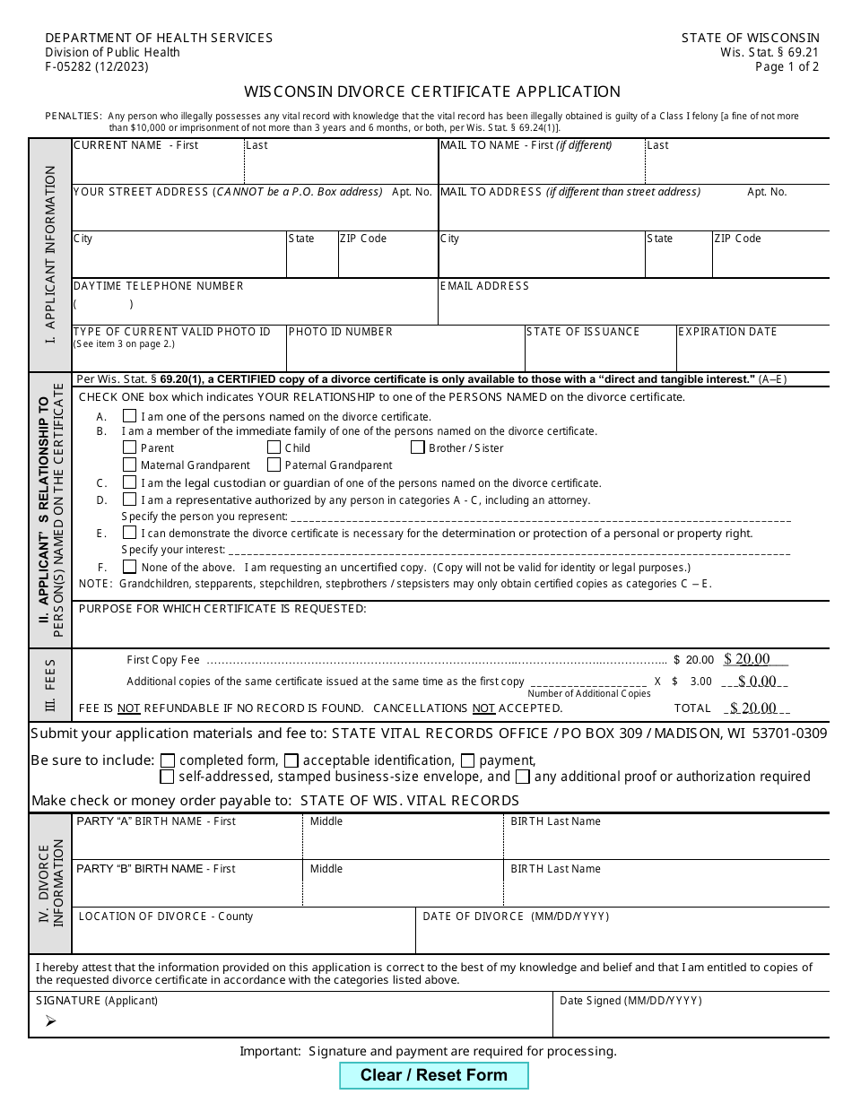 Form F-05282 Download Fillable PDF or Fill Online Wisconsin Divorce ...