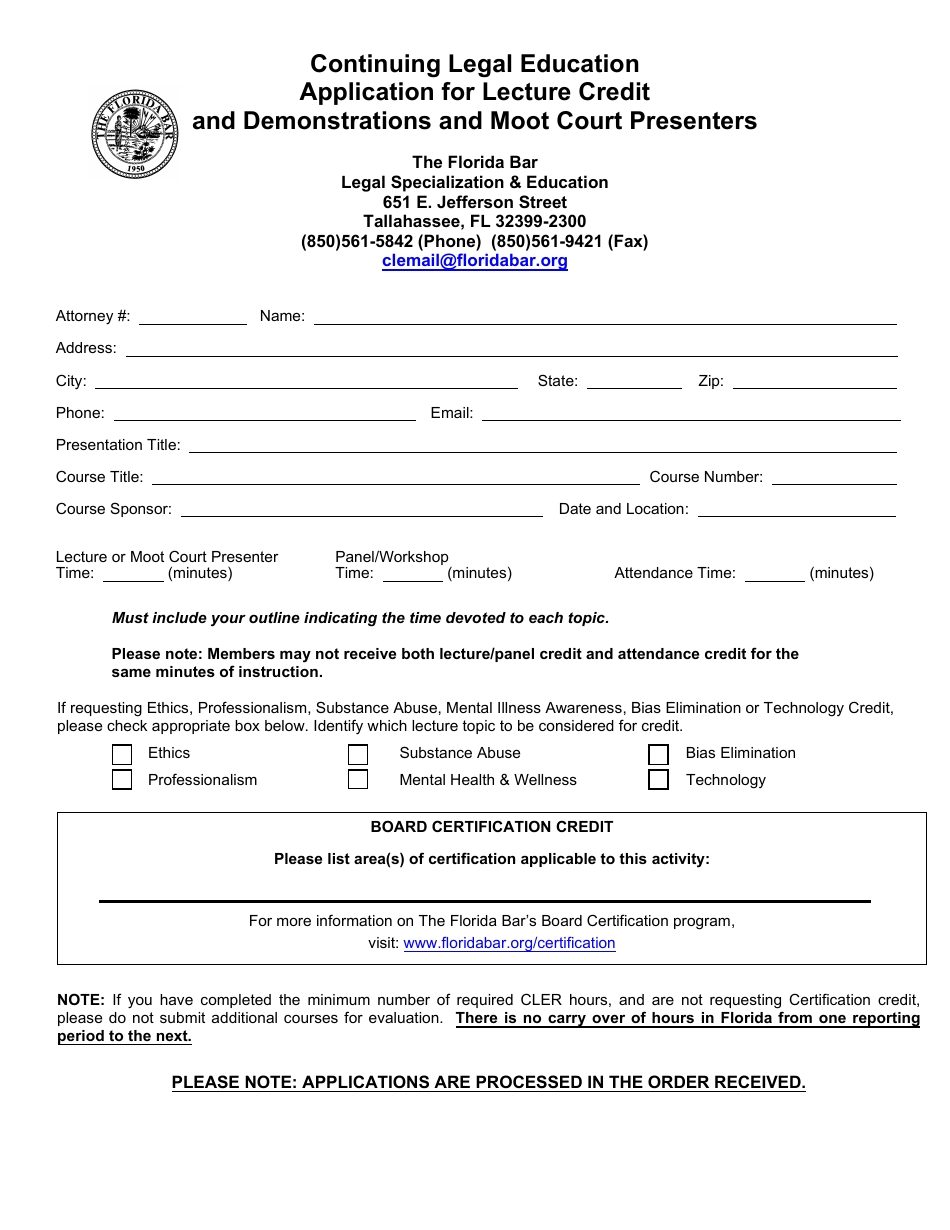 Florida Continuing Legal Education Application for Lecture Credit and ...