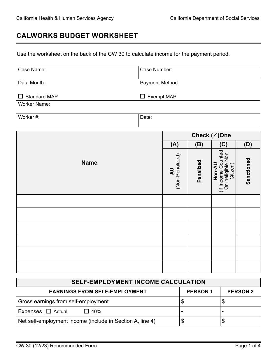 Form CW30 Download Fillable PDF or Fill Online Calworks Budget ...