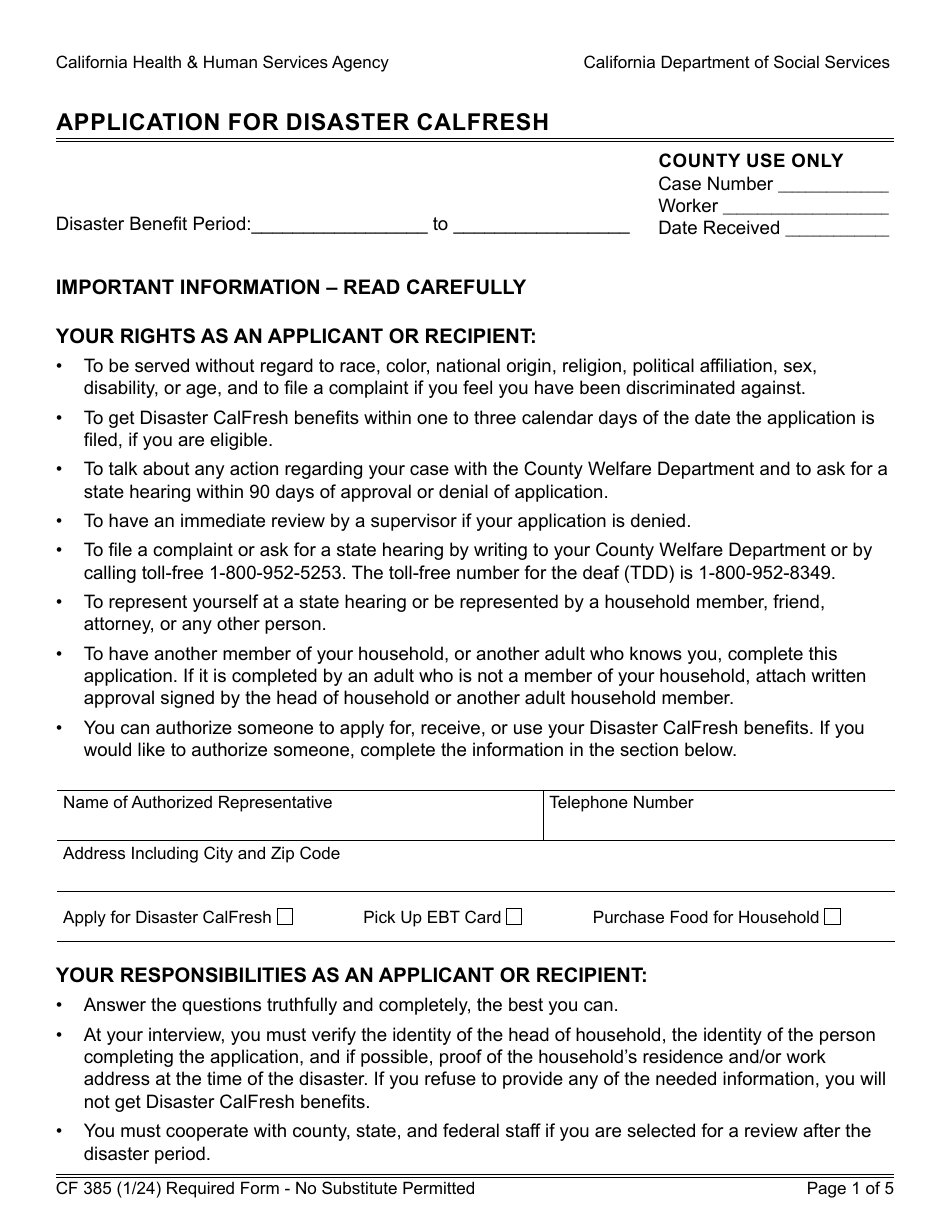 Form CF385 Download Fillable PDF or Fill Online Application for ...