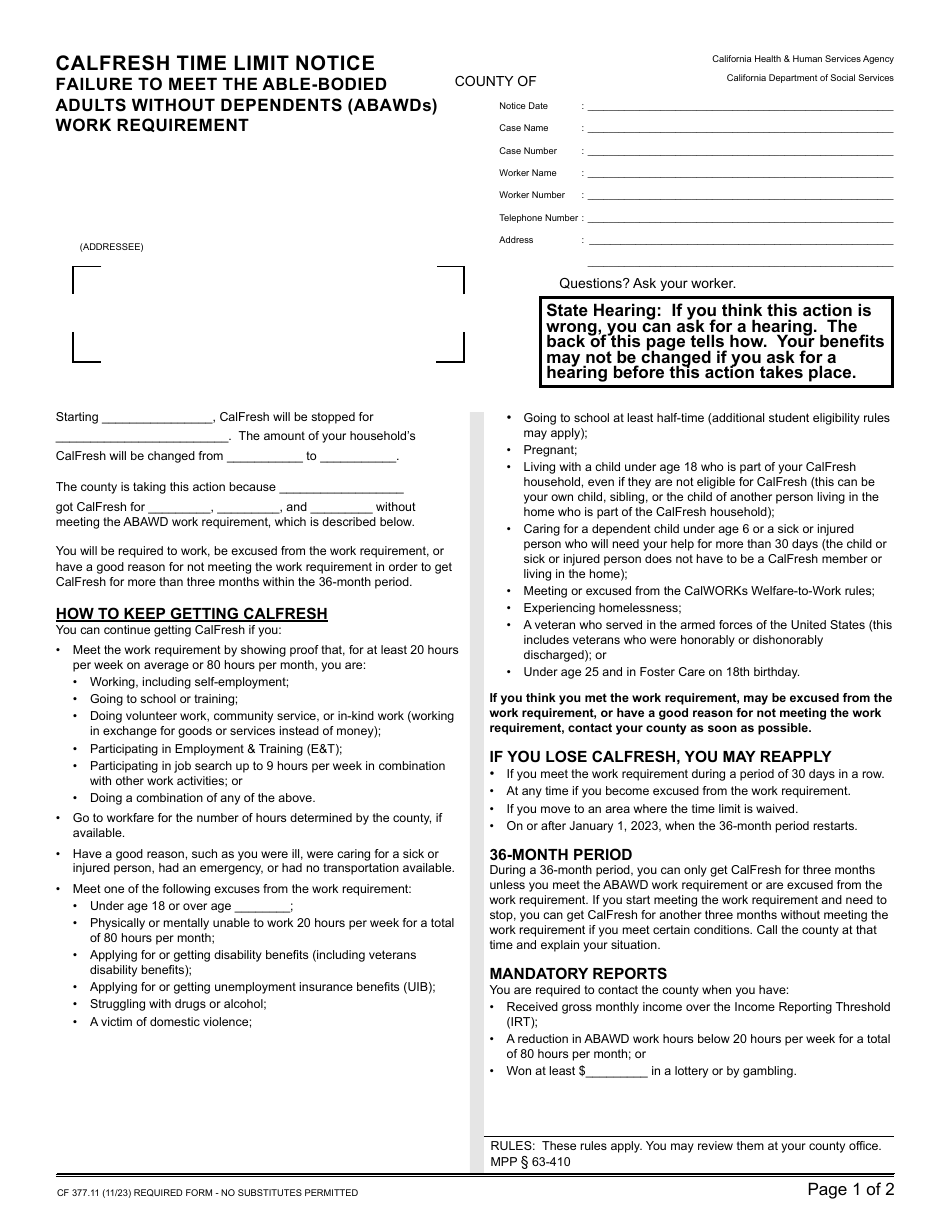 Form CF377.11 Download Fillable PDF or Fill Online CalFresh Time Limit ...