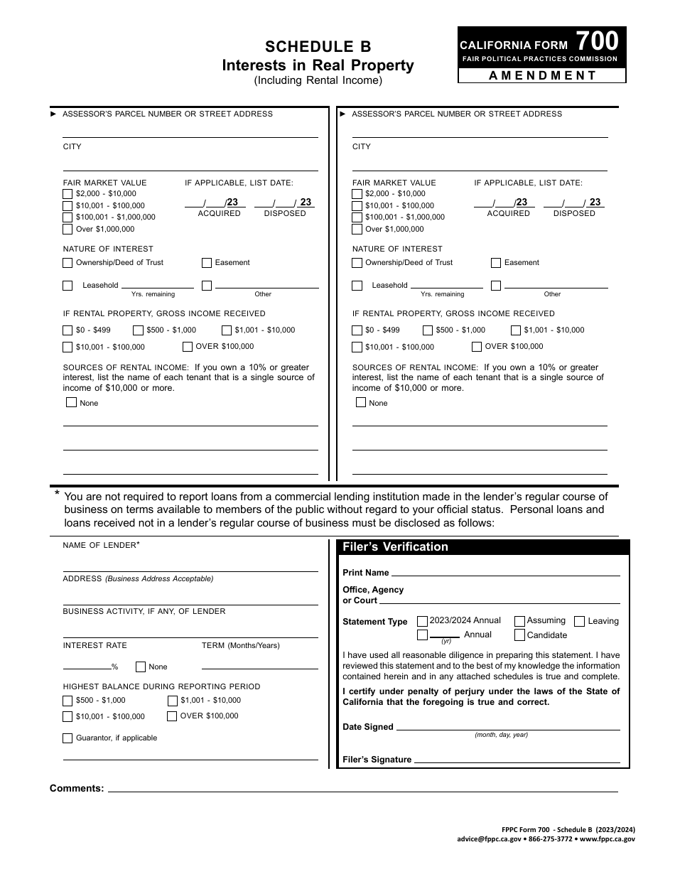 FPPC Form 700 Schedule B Download Fillable PDF or Fill Online Interests ...