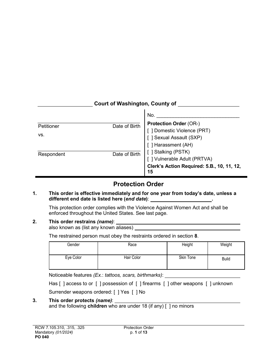 Form PO040 Download Printable PDF or Fill Online Protection Order, Washington 2023 — 2024 ...