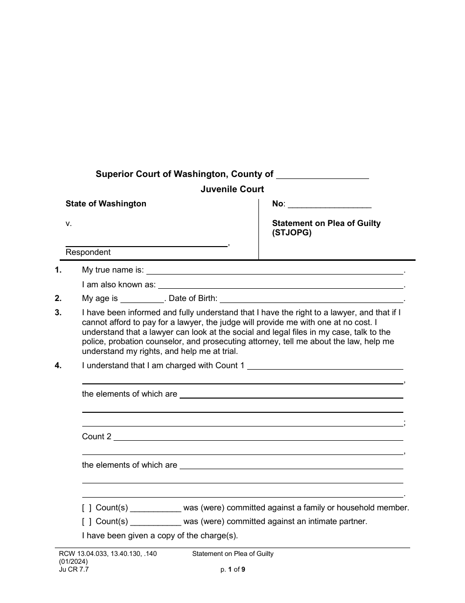 Form JuCR7.7 Download Printable PDF or Fill Online Statement on Plea of ...