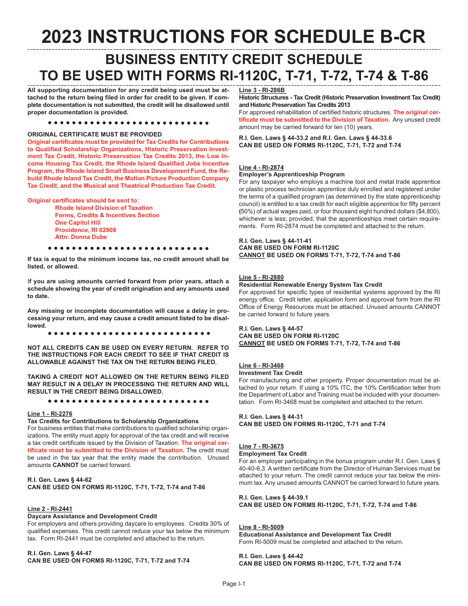 Download Instructions for Schedule B-CR Business Entity Credit Schedule ...