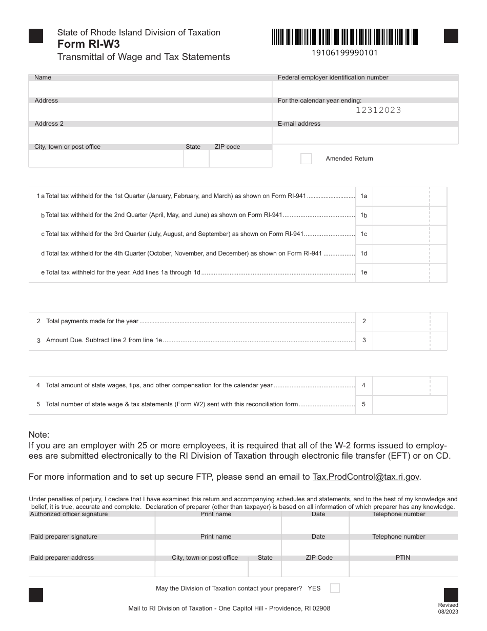 Form RI-W3 Download Fillable PDF or Fill Online Transmittal of Wage and ...