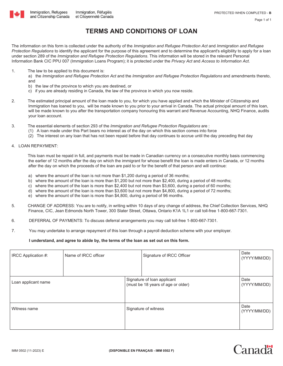 Form IMM0502 Download Fillable PDF or Fill Online Terms and Conditions ...