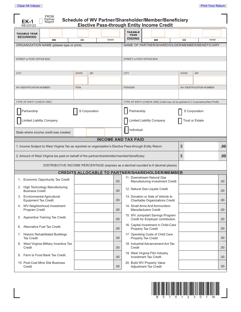 Schedule EK-1 Download Fillable PDF or Fill Online Schedule of Wv Partner/Shareholder/Member ...