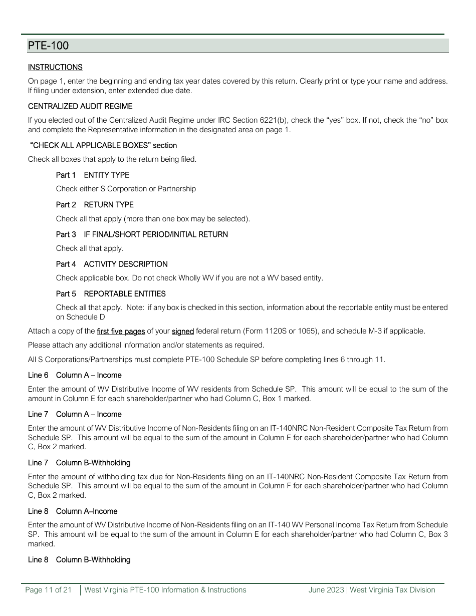 Download Instructions for Form PTE-100, PTE-100TC, PTE-100APT Schedule ...