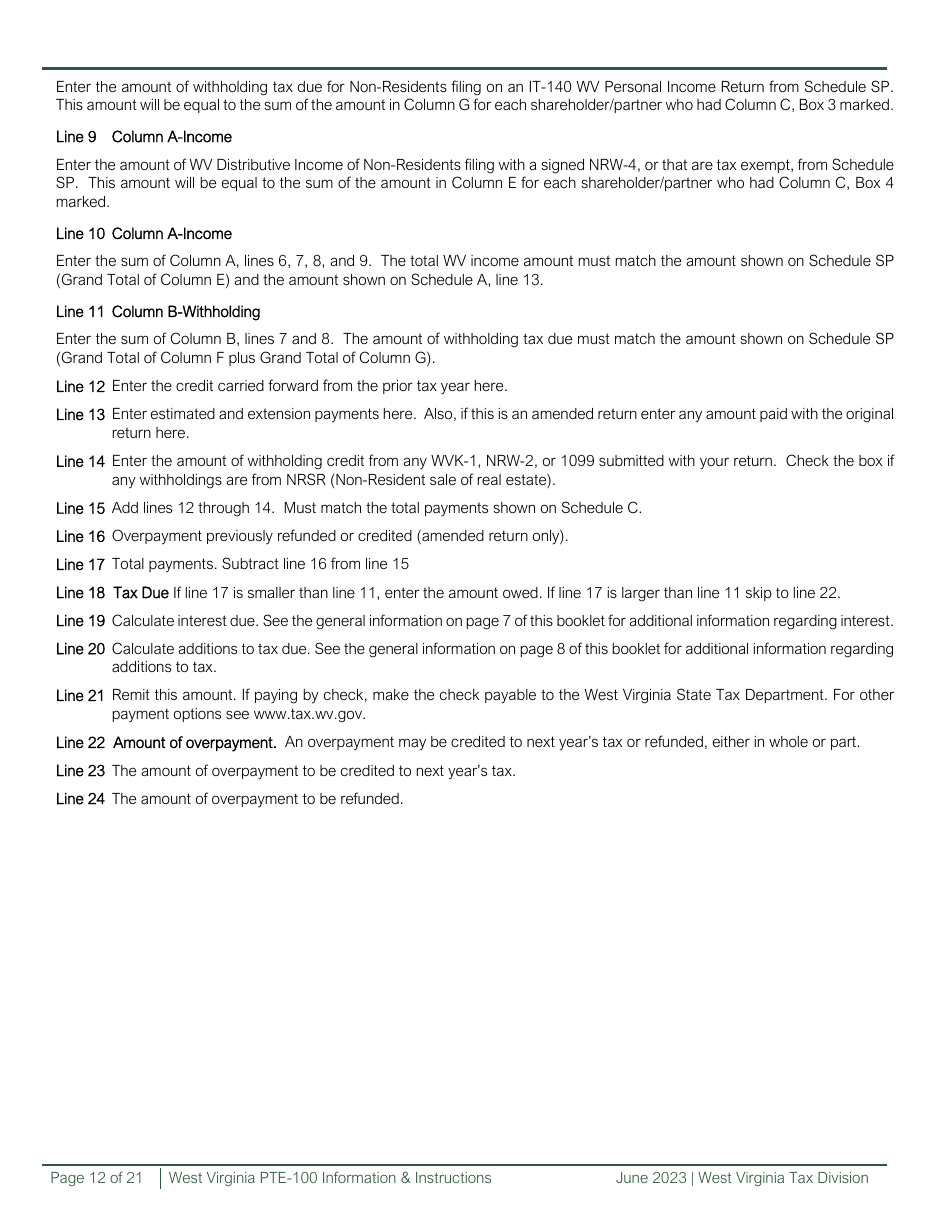 Download Instructions for Form PTE-100, PTE-100TC, PTE-100APT Schedule ...