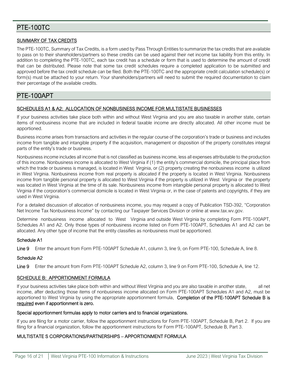 Download Instructions for Form PTE-100, PTE-100TC, PTE-100APT Schedule ...