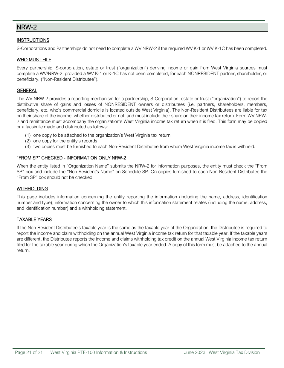 Download Instructions for Form PTE-100, PTE-100TC, PTE-100APT Schedule ...