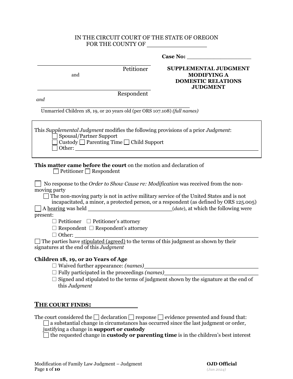 Oregon Supplemental Judgment Modifying a Domestic Relations Judgment ...