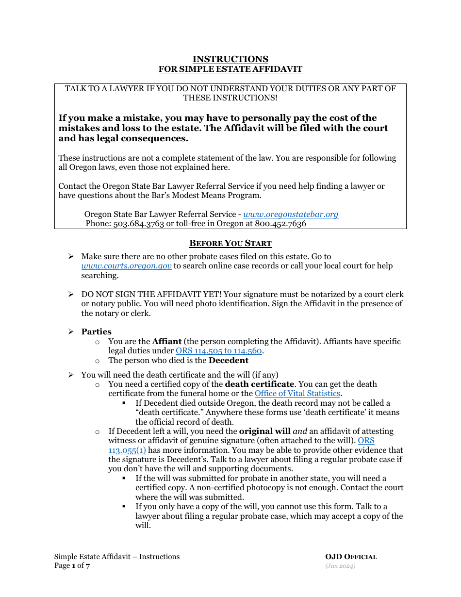 Oregon Simple Estate Affidavit - Fill Out, Sign Online and Download PDF ...