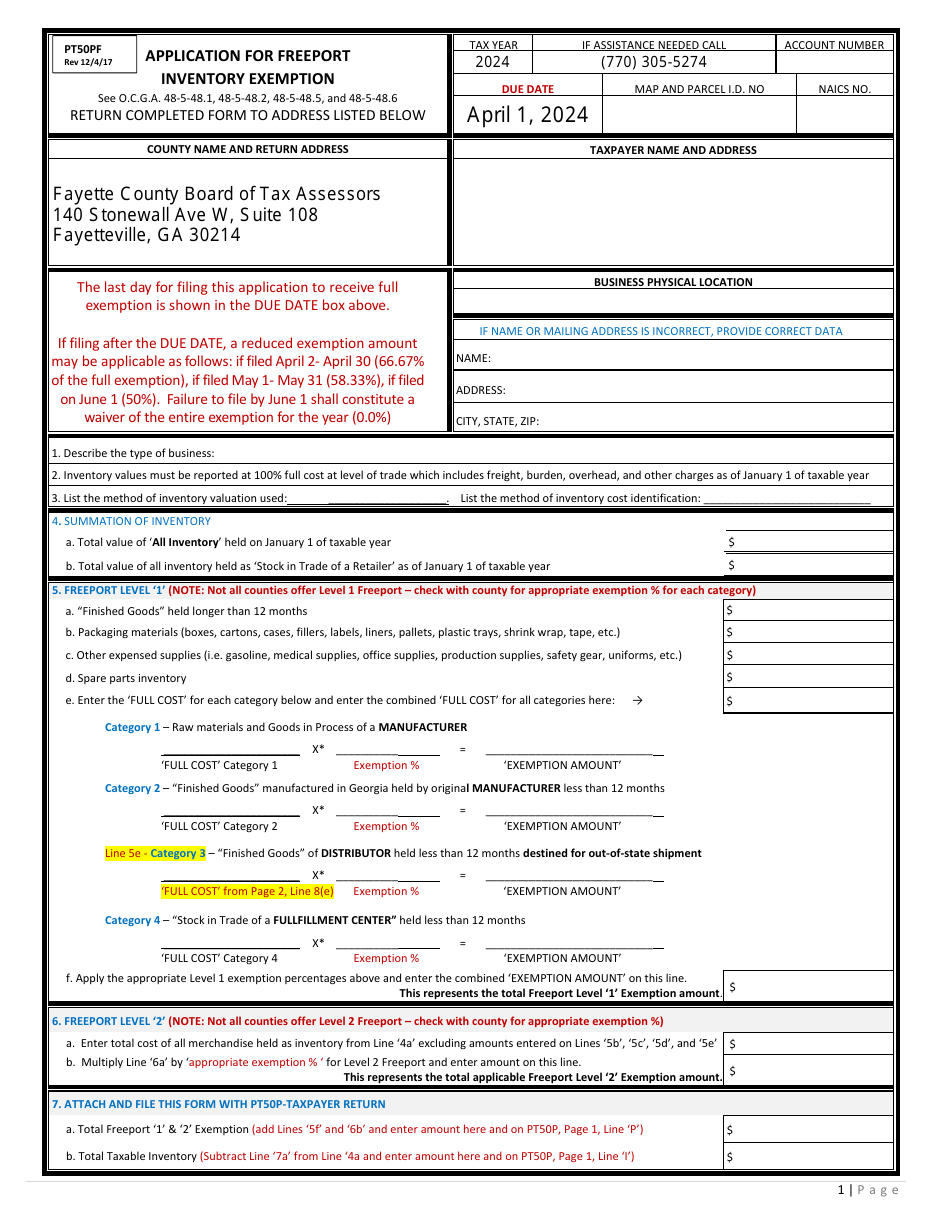 Form PT50PF - 2024 - Fill Out, Sign Online and Download Printable PDF, Fayette County, Georgia ...