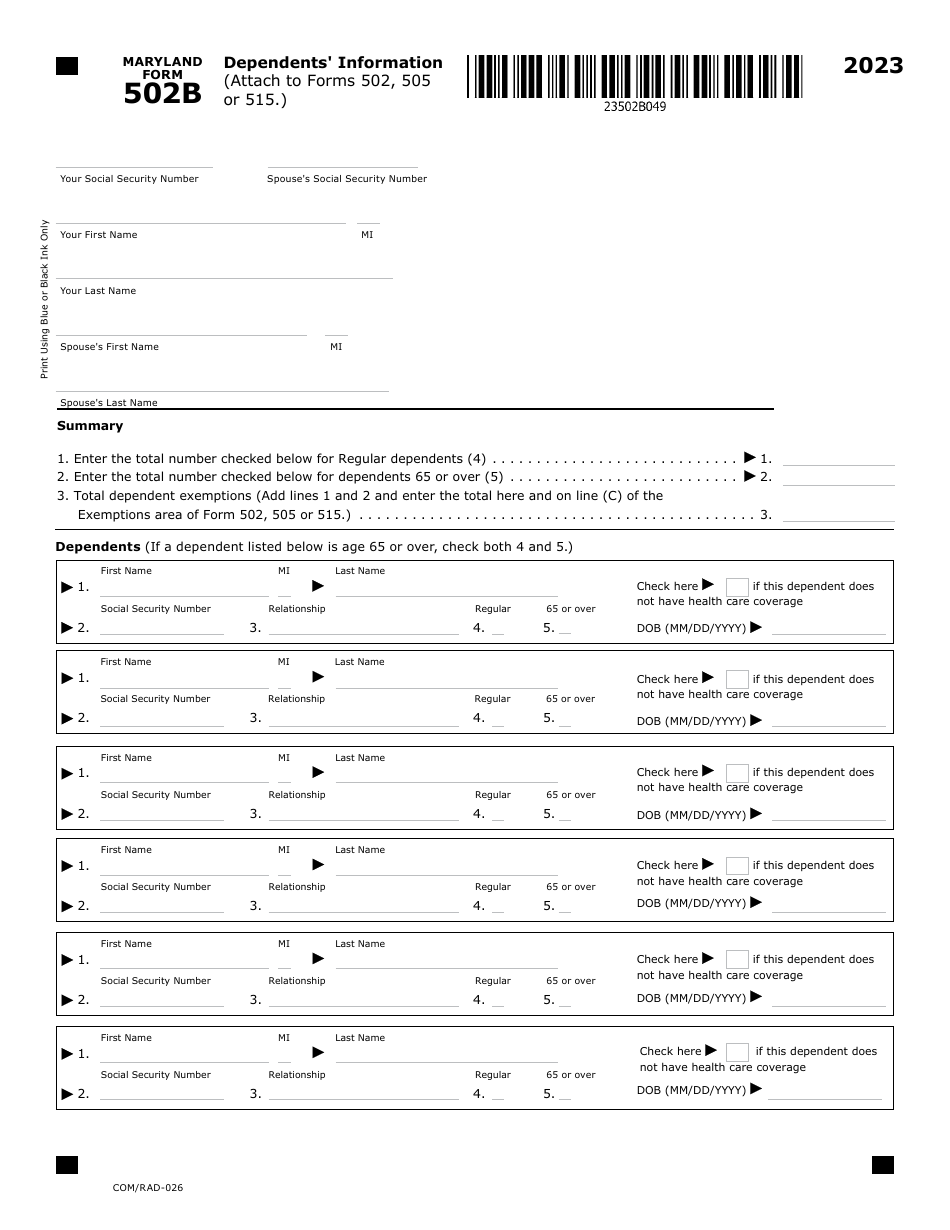 Maryland Form 502B (COM/RAD-026) Download Fillable PDF or Fill Online ...