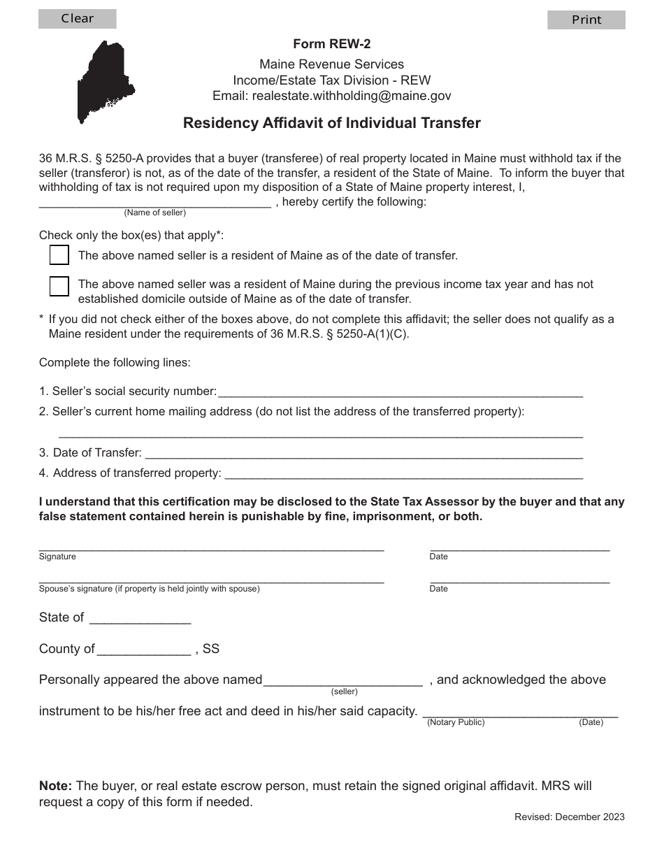 Form REW-2 Download Fillable PDF or Fill Online Residency Affidavit of ...