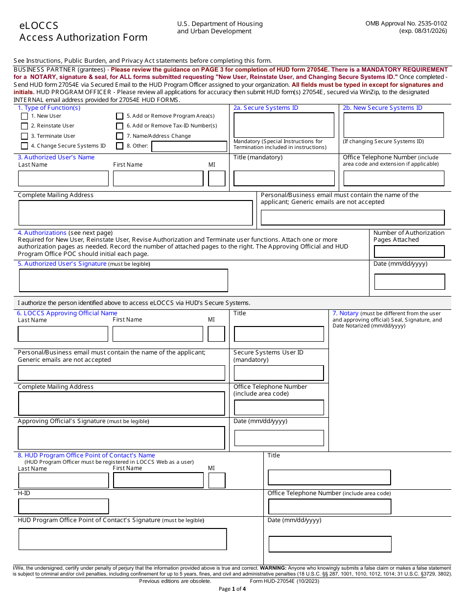Form HUD-27054E Download Fillable PDF or Fill Online Eloccs Access ...