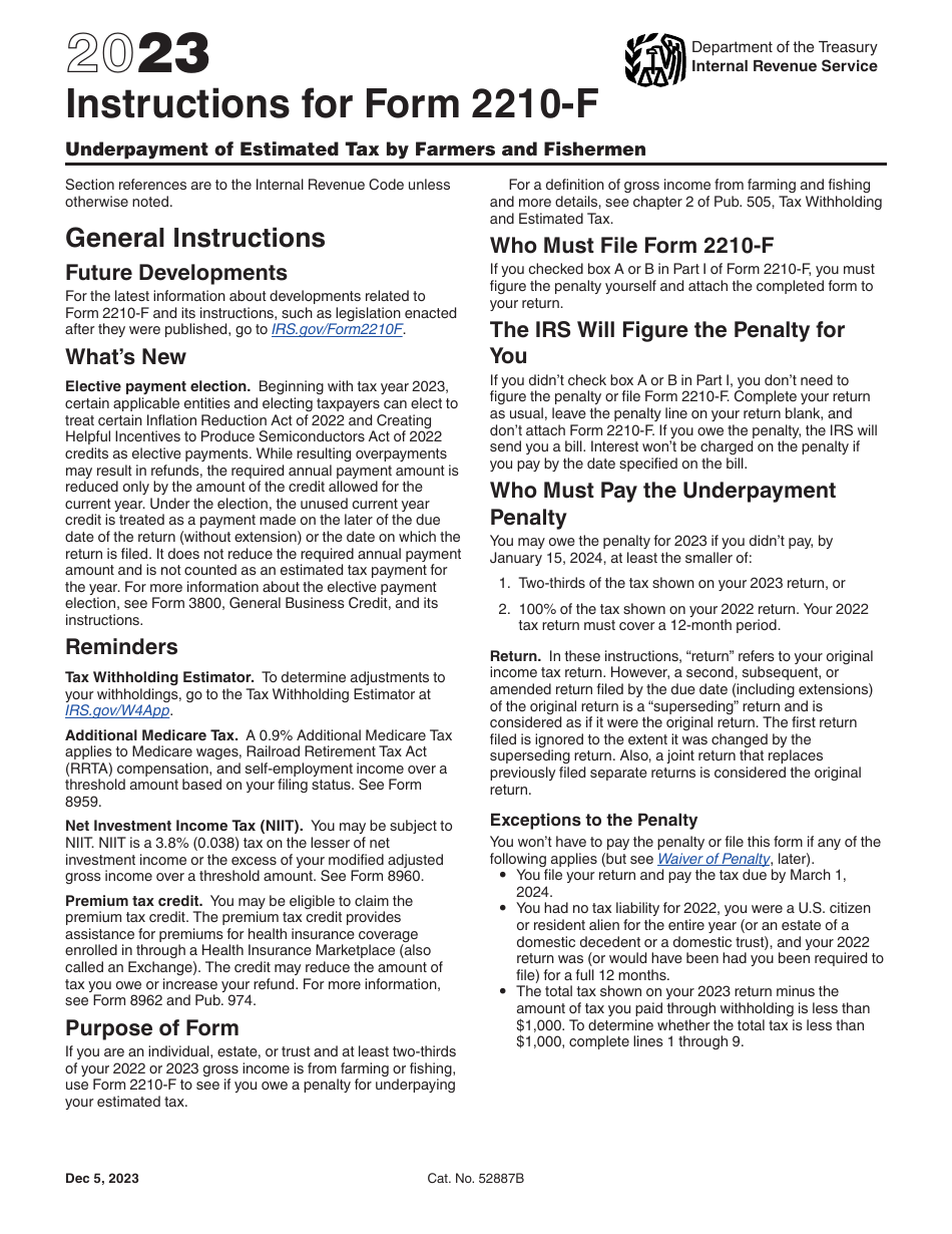 Download Instructions for IRS Form 2210-F Underpayment of Estimated Tax ...