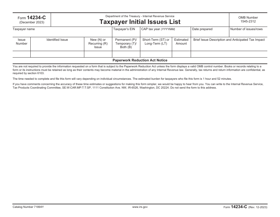 IRS Form 14234-C Download Fillable PDF or Fill Online Taxpayer Initial ...