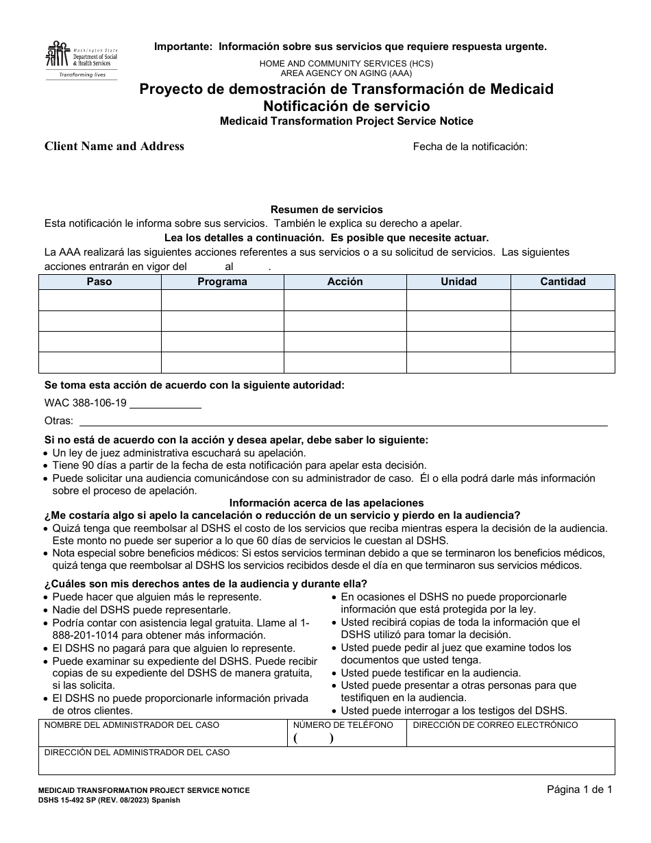 DSHS Formulario 15-492 Download Printable PDF or Fill Online Proyecto ...