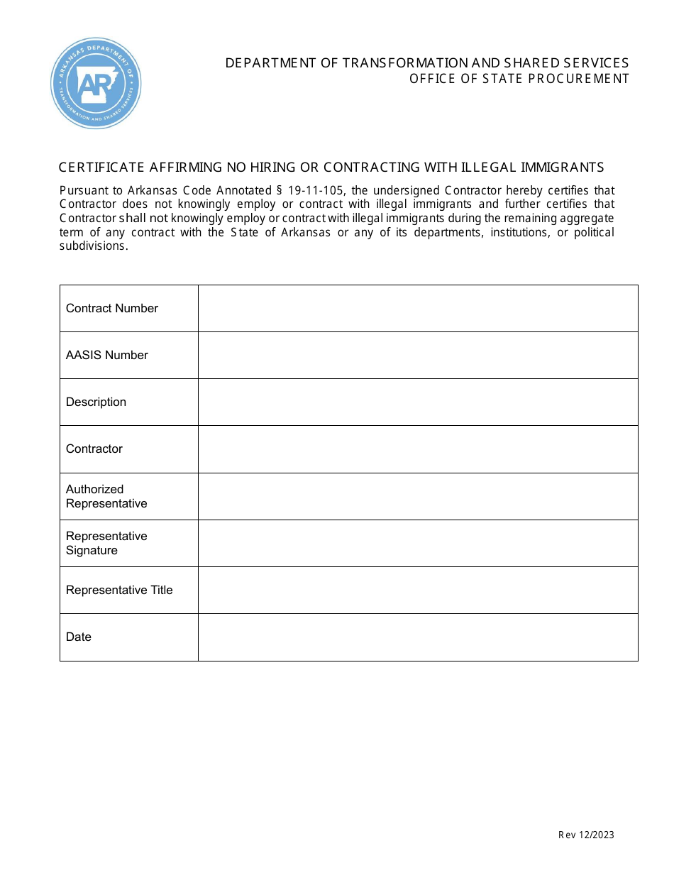 Arkansas Certificate Affirming No Hiring or Contracting With Illegal Immigrants - Fill Out, Sign ...