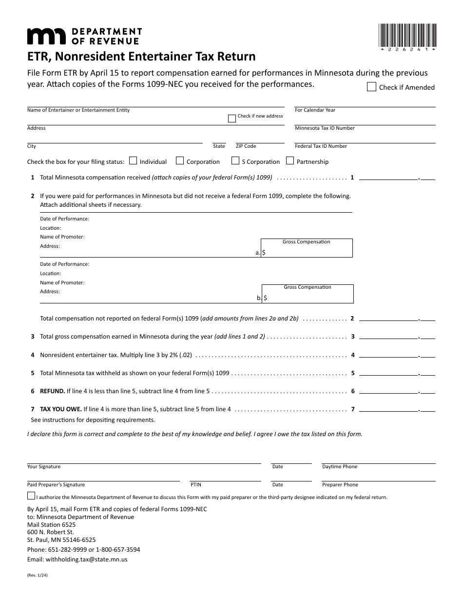 Form ETR Download Fillable PDF or Fill Online Nonresident Entertainer Tax Return, Minnesota ...