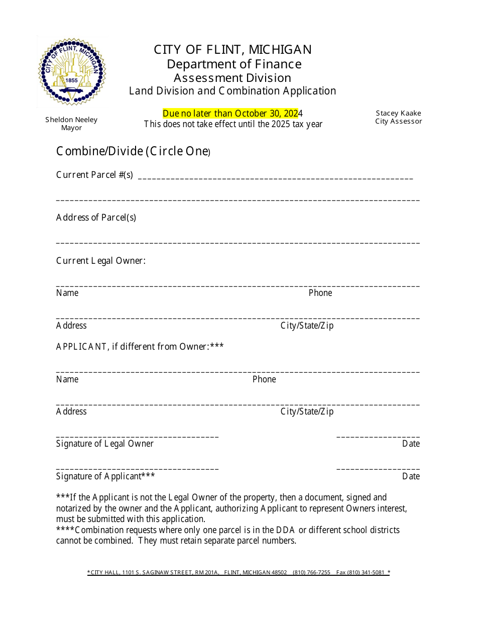 2024 City of Flint, Michigan Land Division and Combination Application Download Printable PDF ...