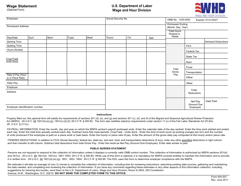 Form WH-501 - Fill Out, Sign Online and Download Fillable PDF ...