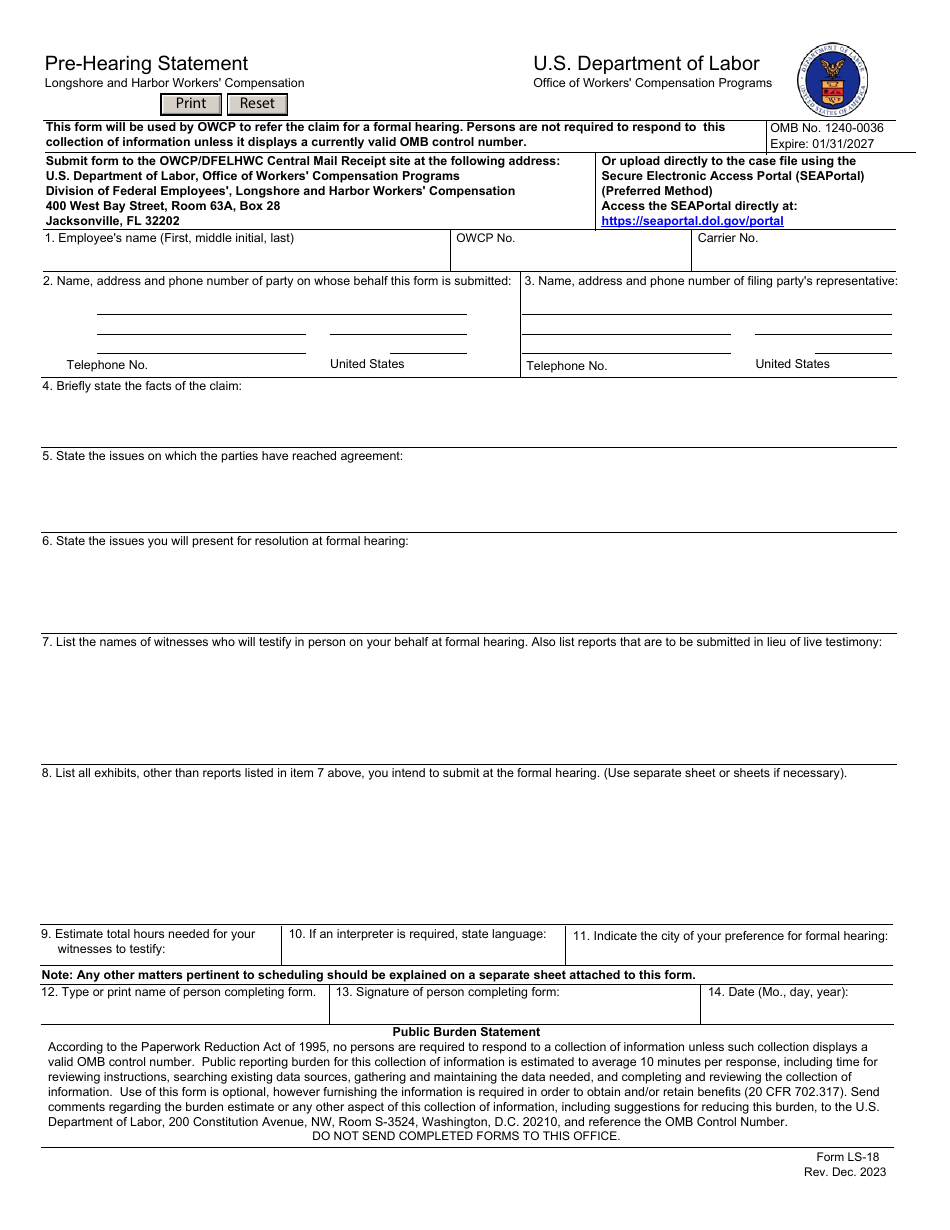 Form LS-18 Download Fillable PDF or Fill Online Pre-hearing Statement ...