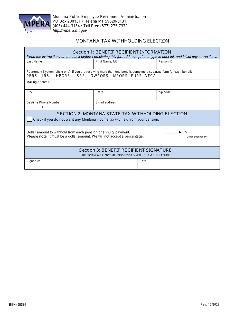 Form BEN-0056 Download Printable PDF or Fill Online Montana Tax ...