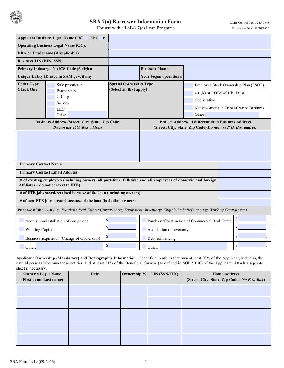 SBA Form 1919 Download Fillable PDF or Fill Online SBA 7(A) Borrower ...