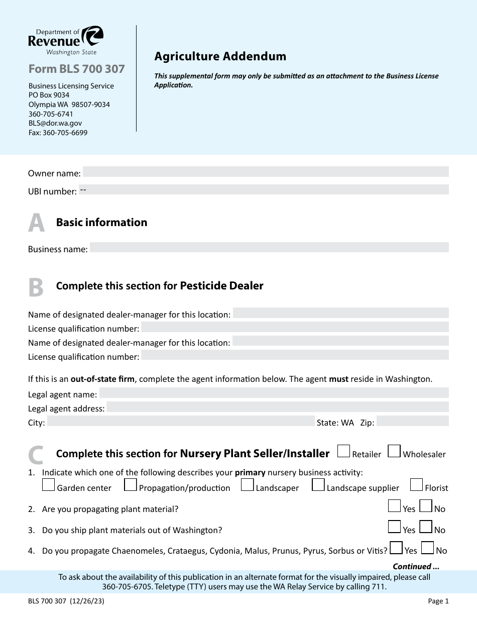 Form BLS700 307 Download Fillable PDF or Fill Online Agriculture ...