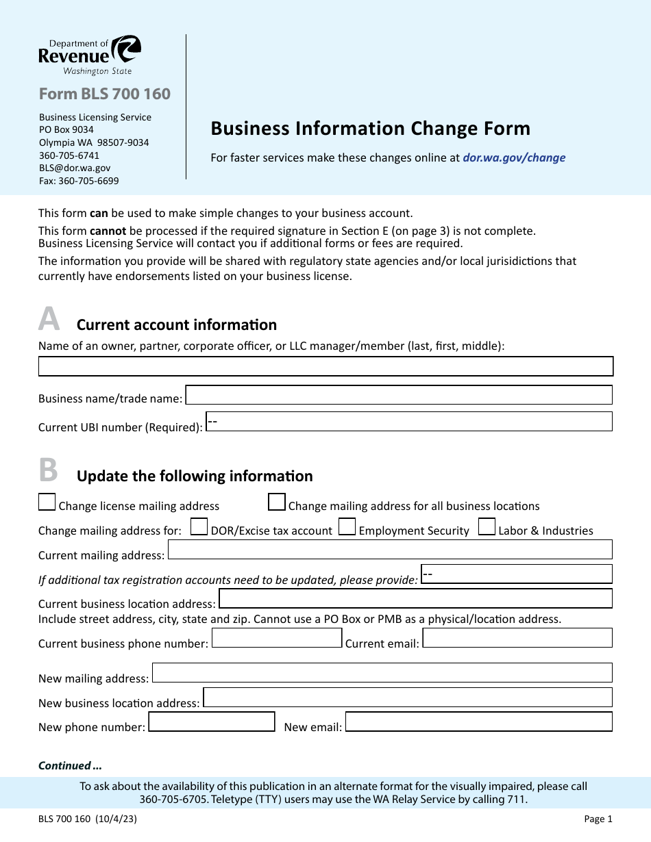 Form BLS700 160 Download Fillable PDF or Fill Online Business Information Change Form ...
