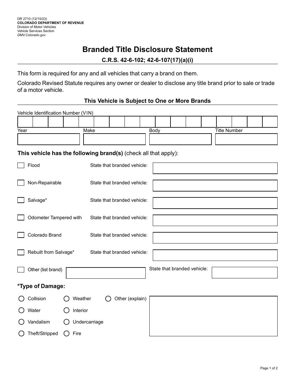 Form DR2710 - Fill Out, Sign Online and Download Fillable PDF, Colorado ...