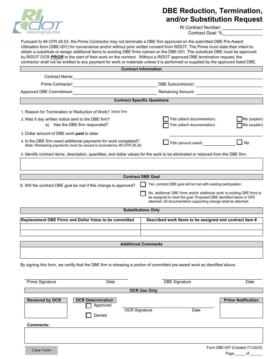 Form DBE-007 - Fill Out, Sign Online and Download Fillable PDF, Rhode ...