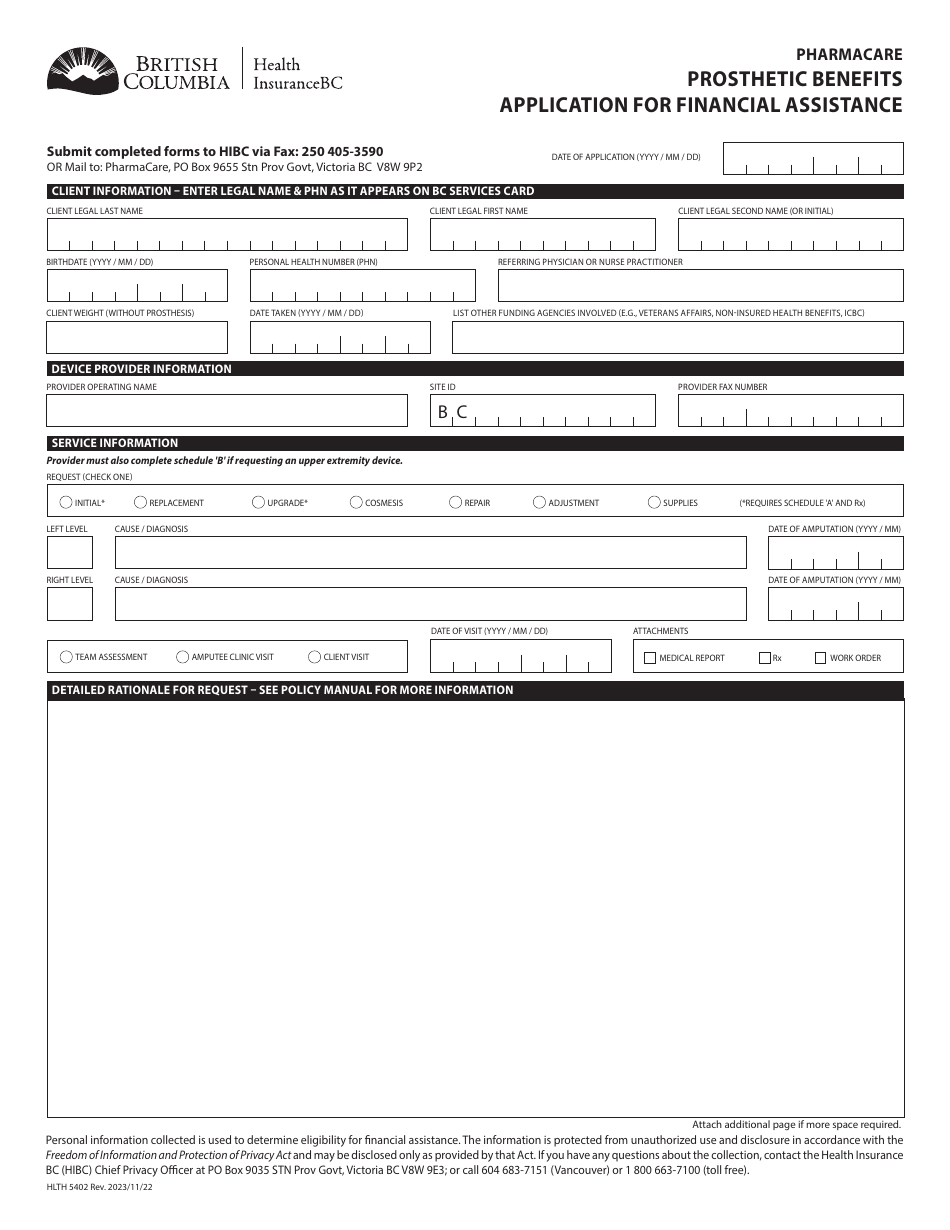 Form HLTH5402 Download Fillable PDF or Fill Online Pharmacare Prosthetic Benefits Application ...