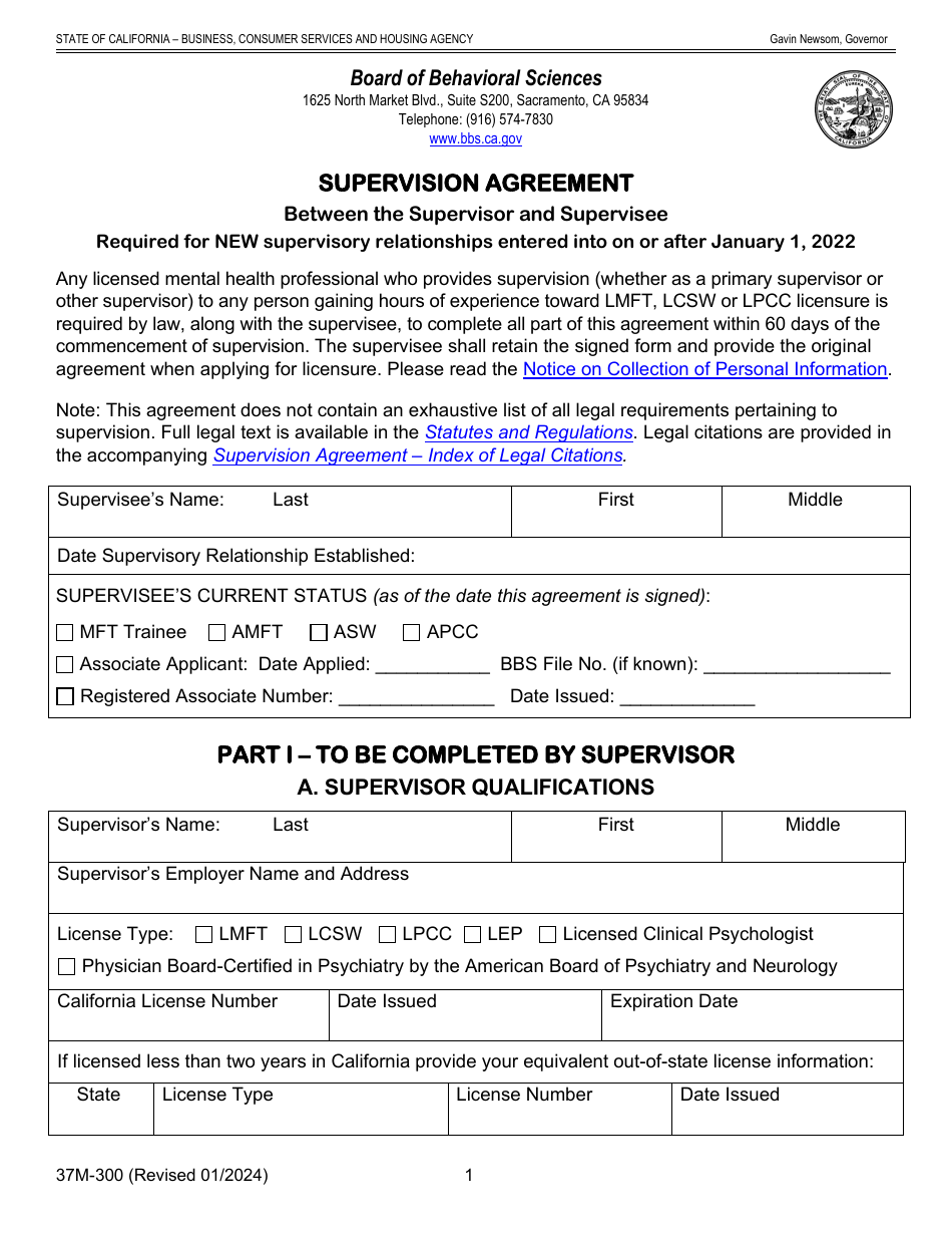 Form 37M-300 Download Fillable PDF or Fill Online Supervision Agreement ...