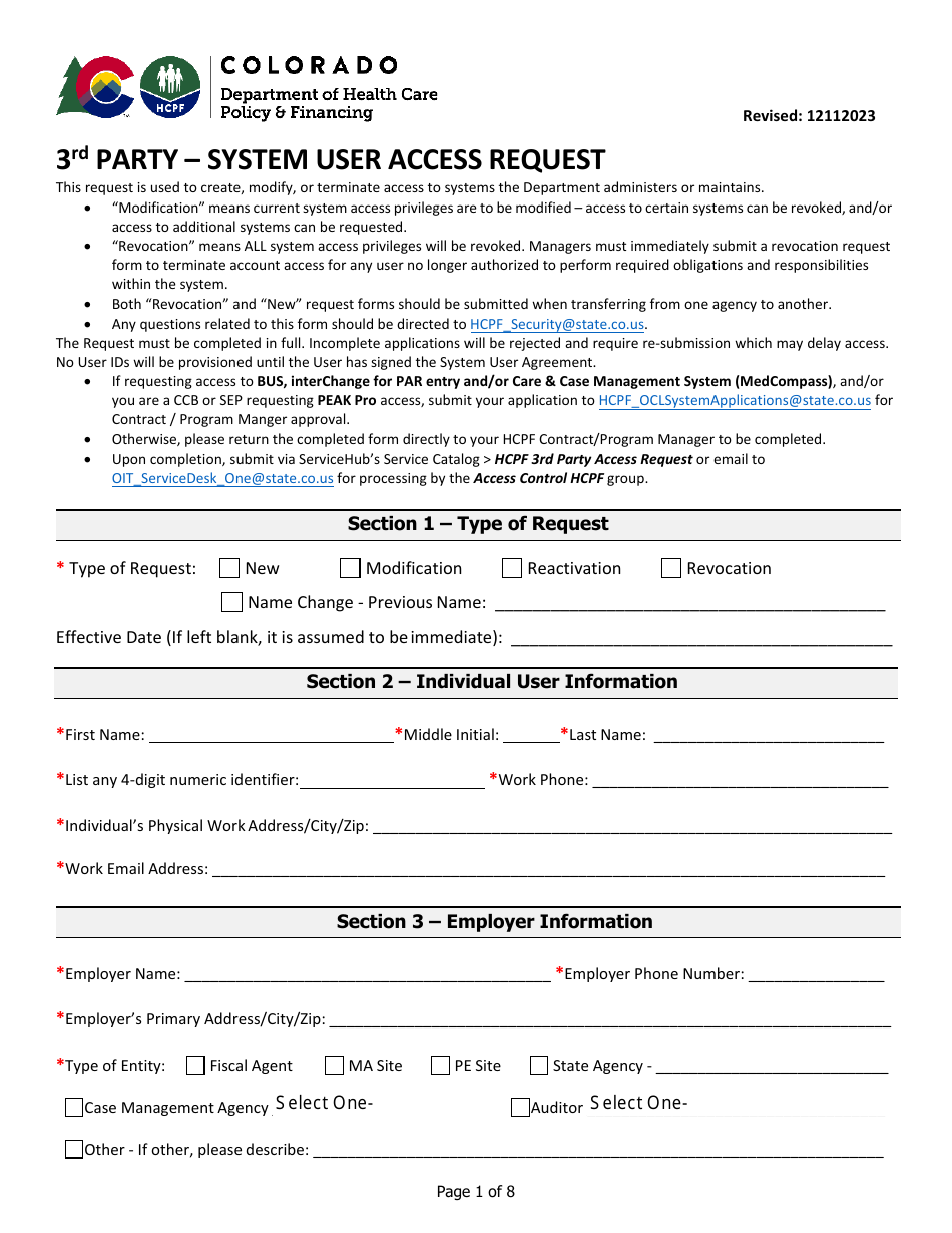 Colorado Third Party User Access Request Form (Bus & Bridge Access Form ...