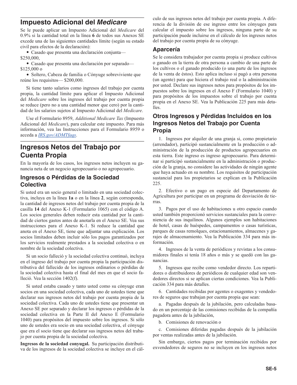 Download Instrucciones para IRS Formulario 1040 (SP) Anexo SE Impuesto ... Download Instrucciones para IRS Formulario 1040 (SP) Anexo SE Impuesto ...