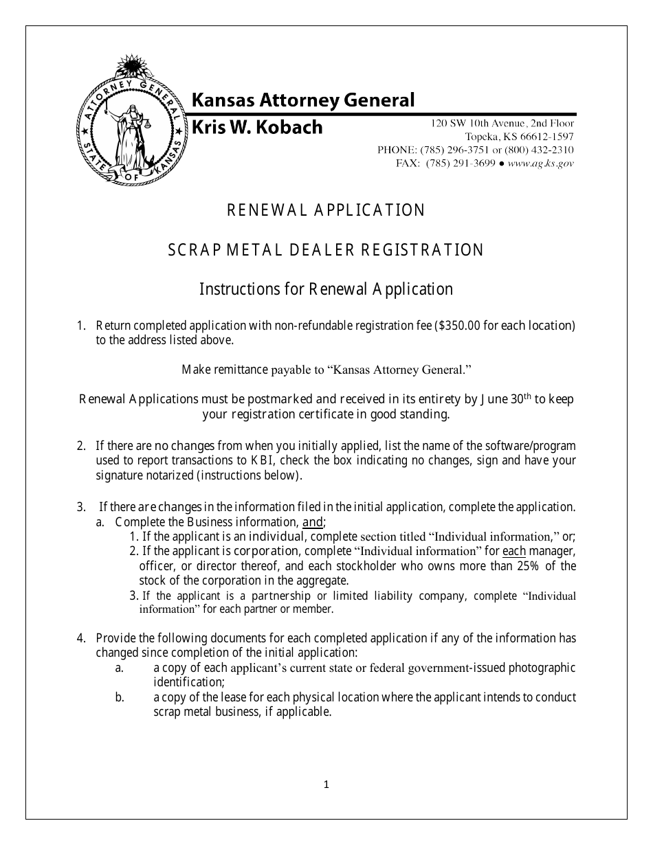 Kansas Renewal Application for Scrap Metal Dealer Registration - Fill ...