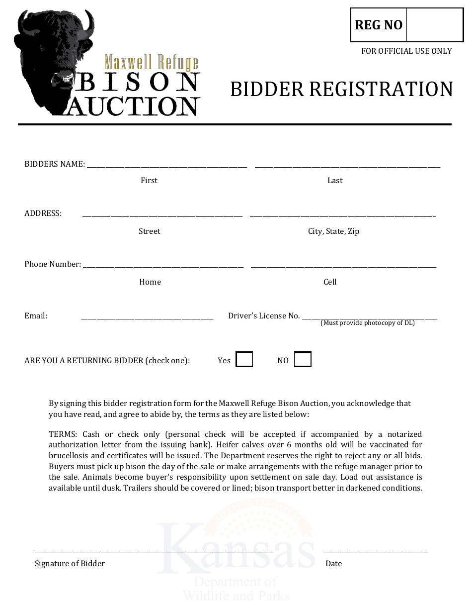Kansas Bison Auction Maxwell Refuge - Bidder Registration - Fill Out ...