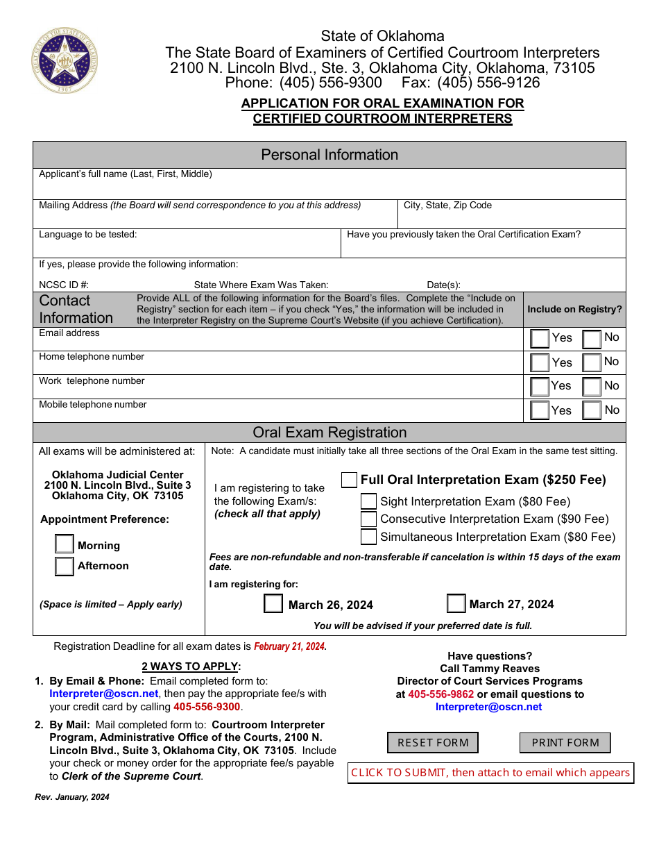 2024 Oklahoma Application for Oral Examination for Certified Courtroom Interpreters - Fill Out ...