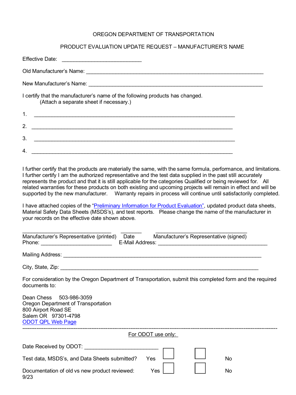 Oregon Product Evaluation Update Request - Manufacturer's Name Download ...