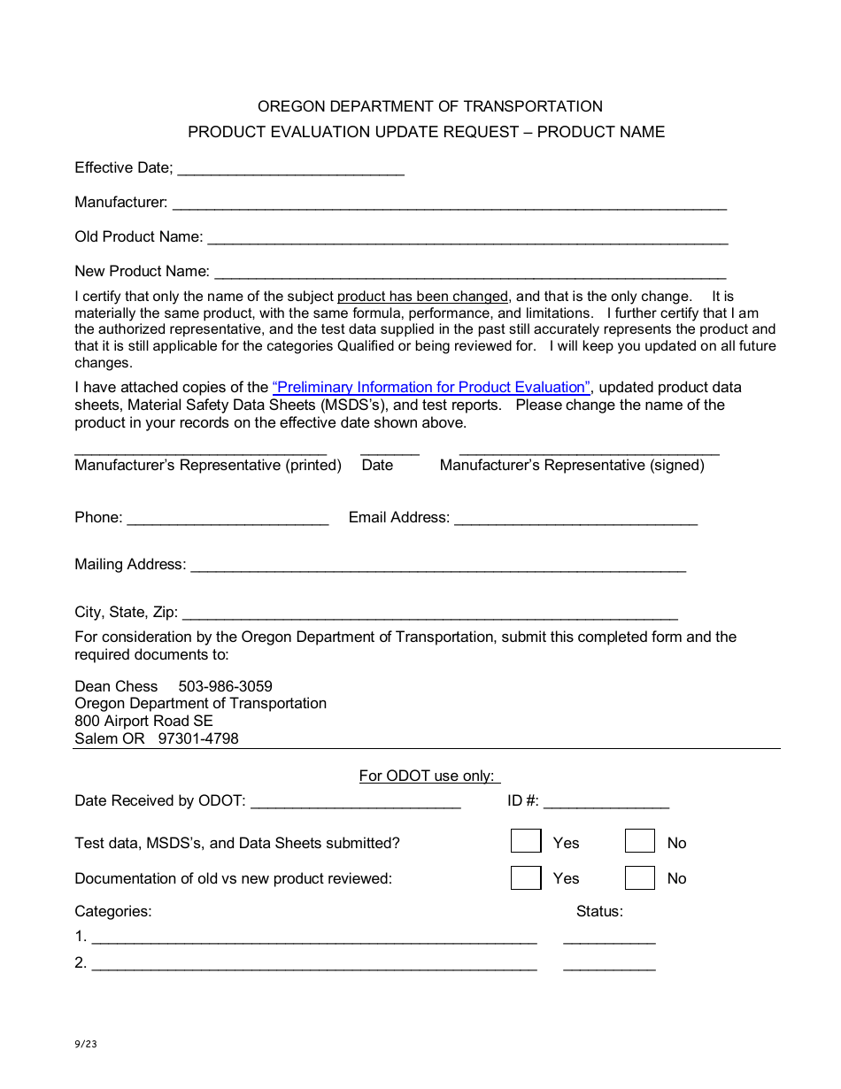 Oregon Product Evaluation Update Request - Product Name - Fill Out ...