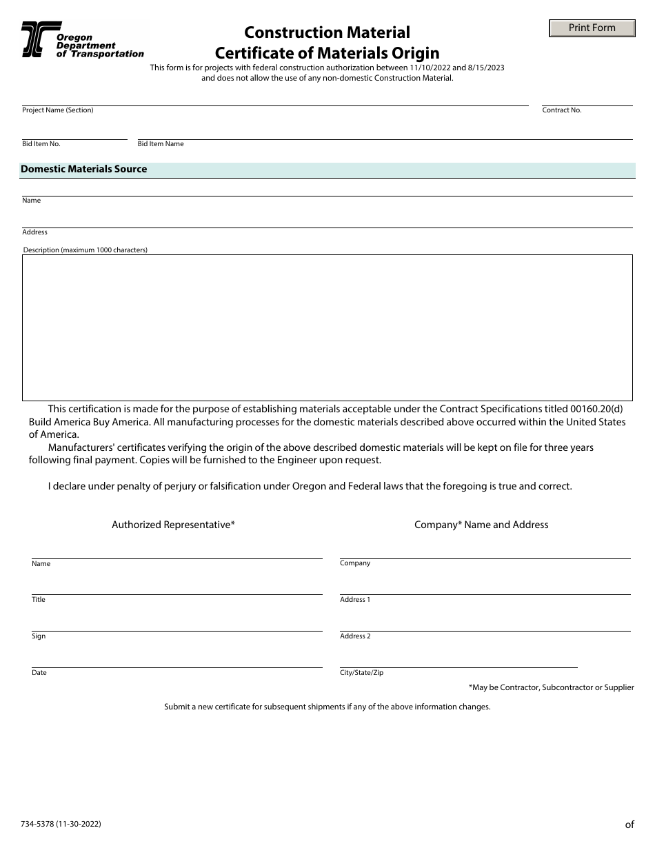 Form 734-5378 - Fill Out, Sign Online and Download Fillable PDF, Oregon | Templateroller